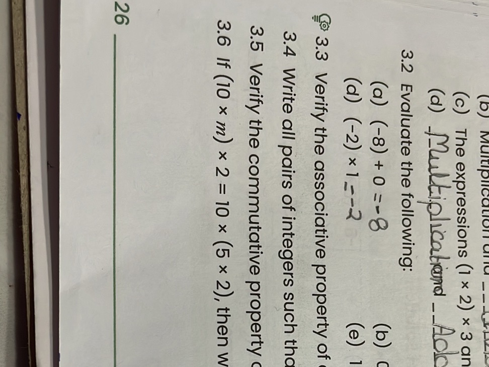 3.2 Evaluate the following: (a) (-8) + 0 = | StudyX
