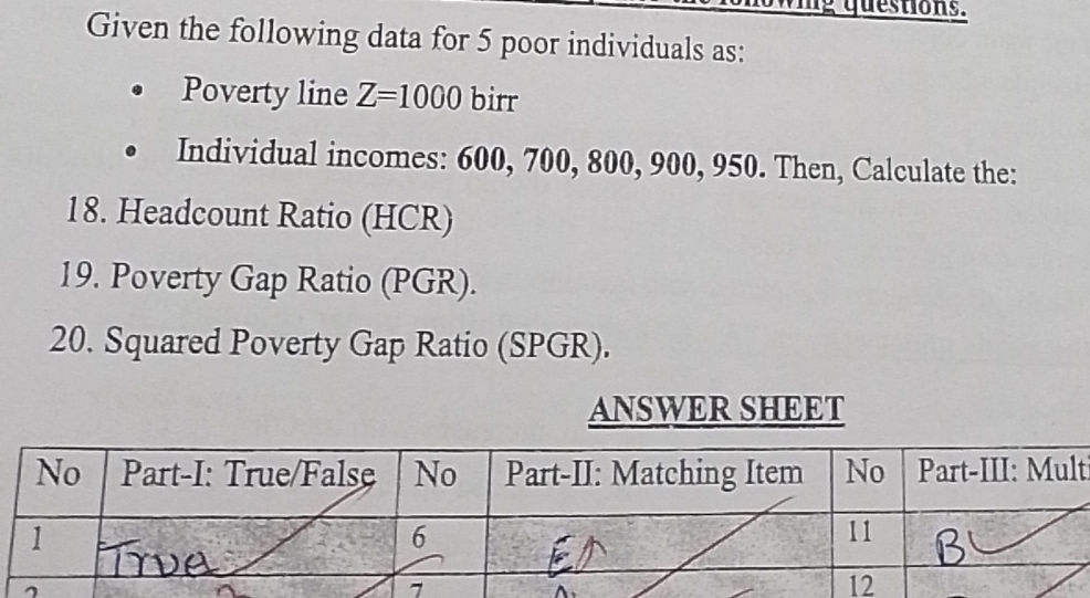 Given the following data for 5 poor | StudyX