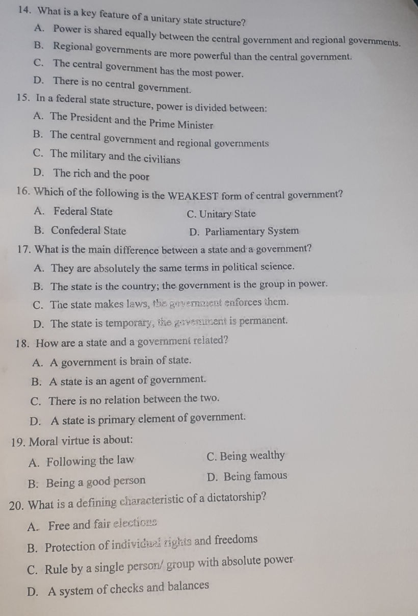 14. What is a key feature of a unitary state | StudyX