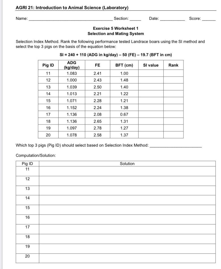 Selection Index Method. Rank the following | StudyX