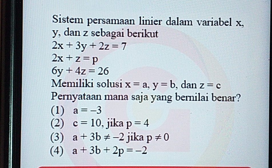 Sistem persamaan linier dalam variabel x, y, | StudyX