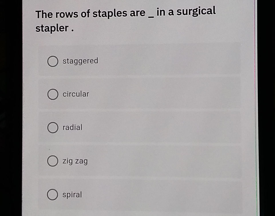 The rows of staples are _ in a surgical | StudyX