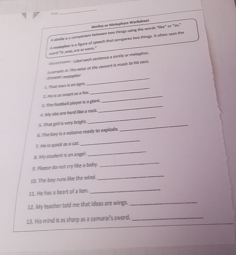 Similes or Metaphors Worksheet A simile is | StudyX