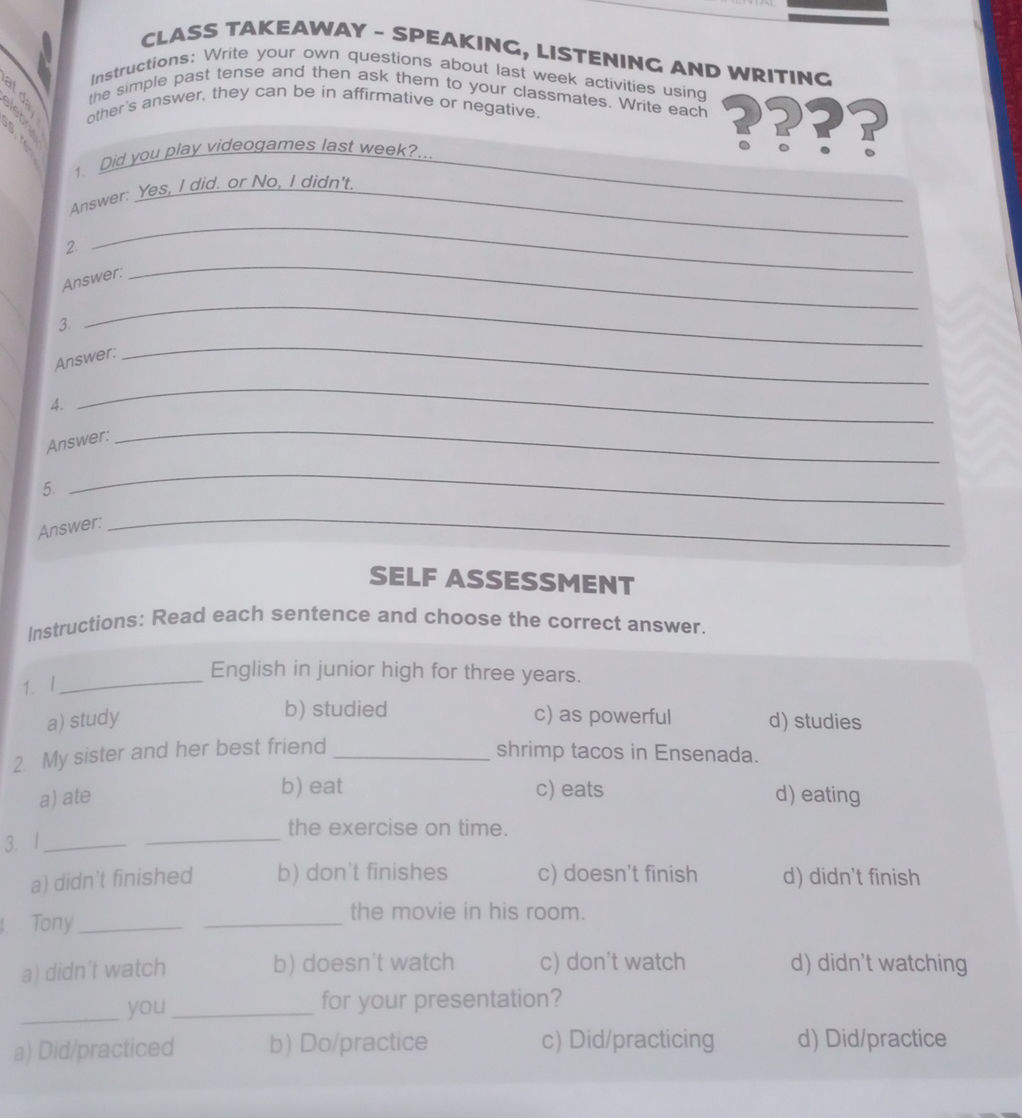 CLASS TAKEAWAY - SPEAKING, LISTENING AND | StudyX