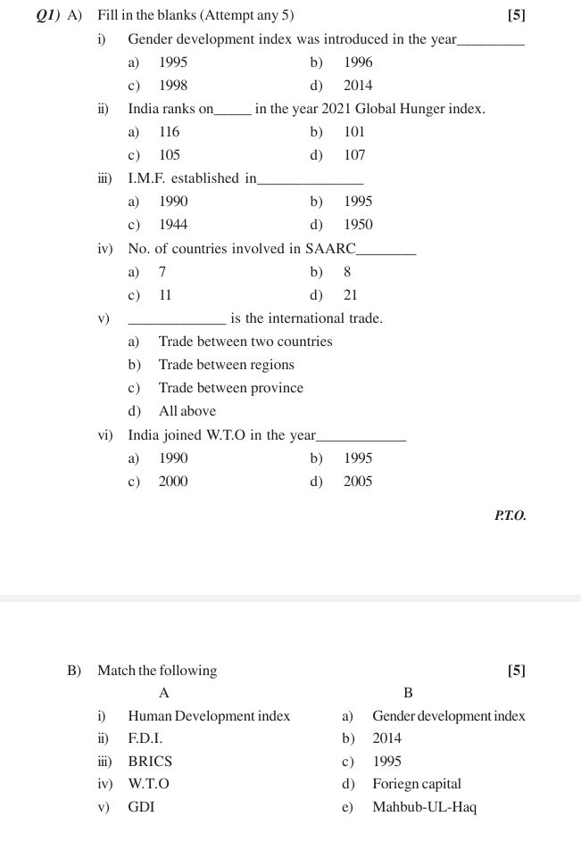 Q1) A) Fill in the blanks (Attempt any 5) | StudyX
