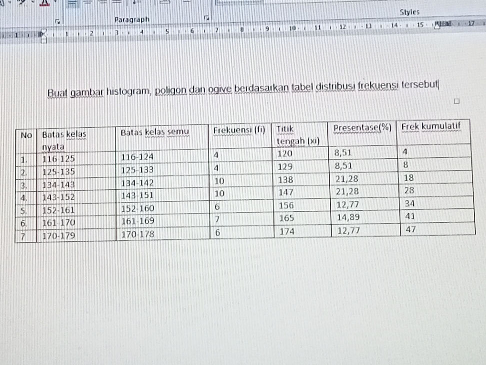 Buat gambar histogram, poligon dan ogive | StudyX