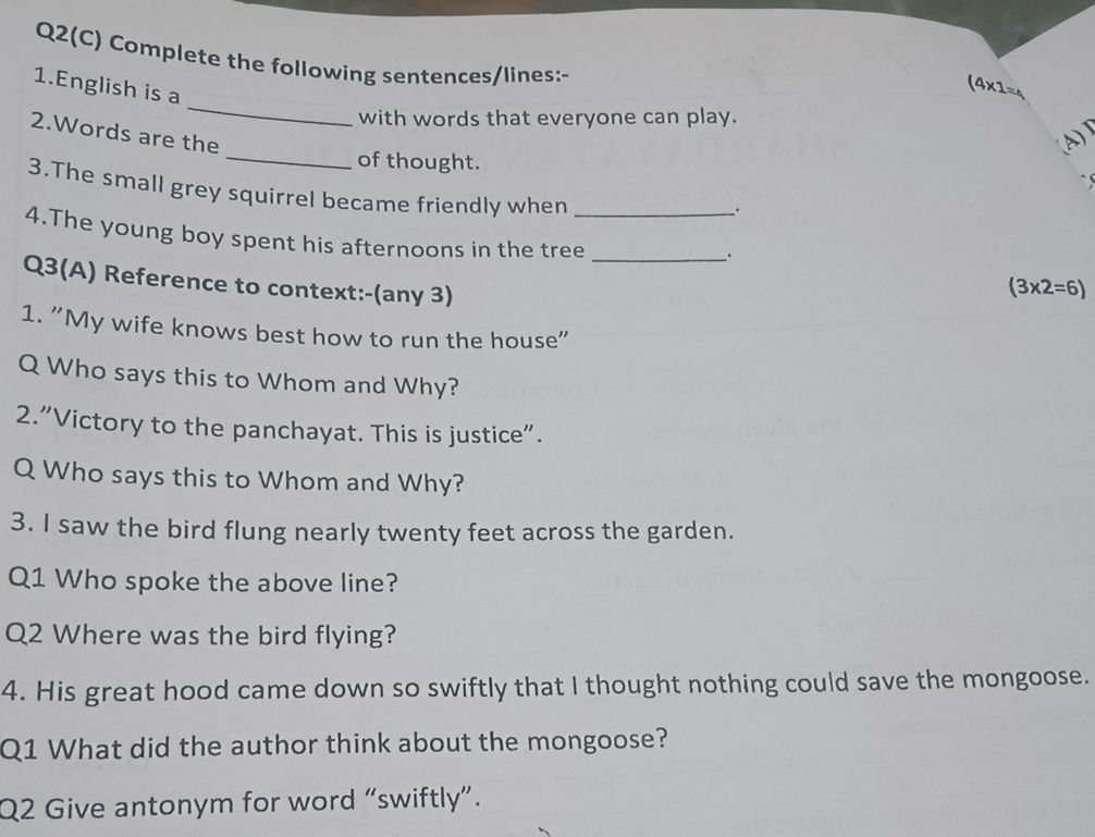 Q2(C) Complete the following | StudyX