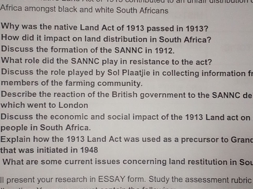 Why was the native Land Act of 1913 passed | StudyX