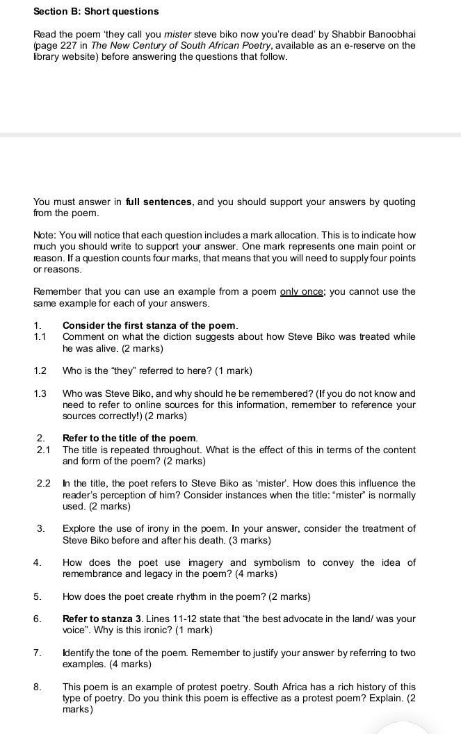 Section B: Short questions Read the poem | StudyX