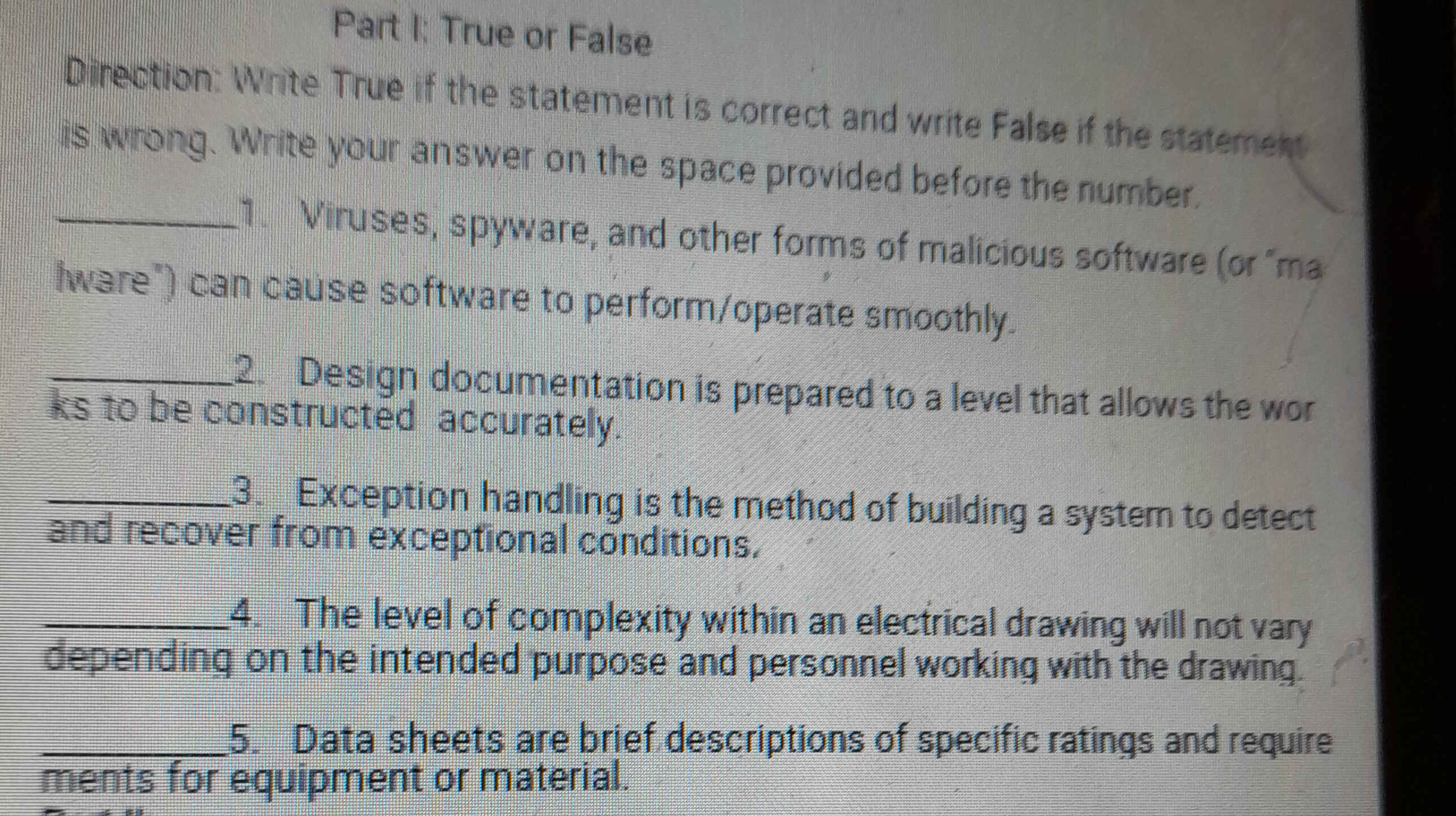 Part I: True or False Direction: Write True | StudyX