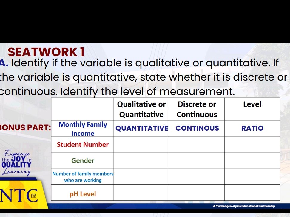 SEATWORK 1 A. Identify if the variable is | StudyX