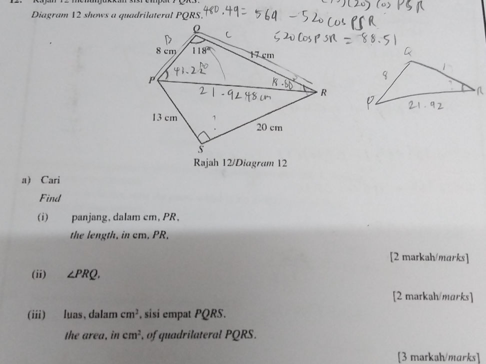 Diagram 12 shows a quadrilateral PQRS. ``` | StudyX