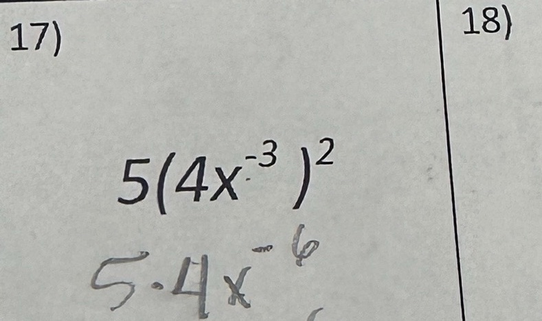 Simplifying the expression $5(4x^{-3})^2$ | StudyX