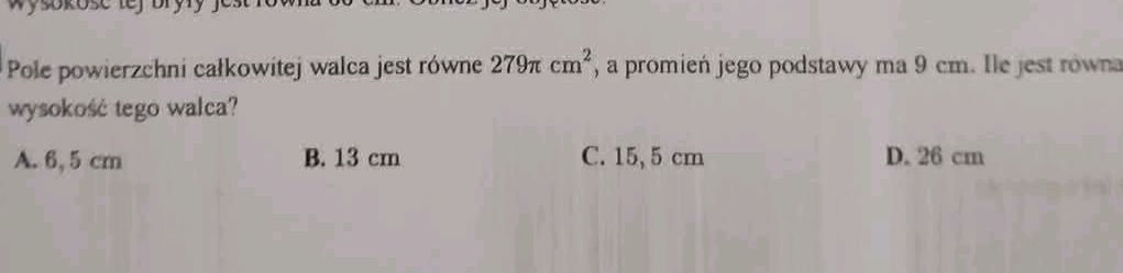 Pole powierzchni całkowitej walca jest równe | StudyX
