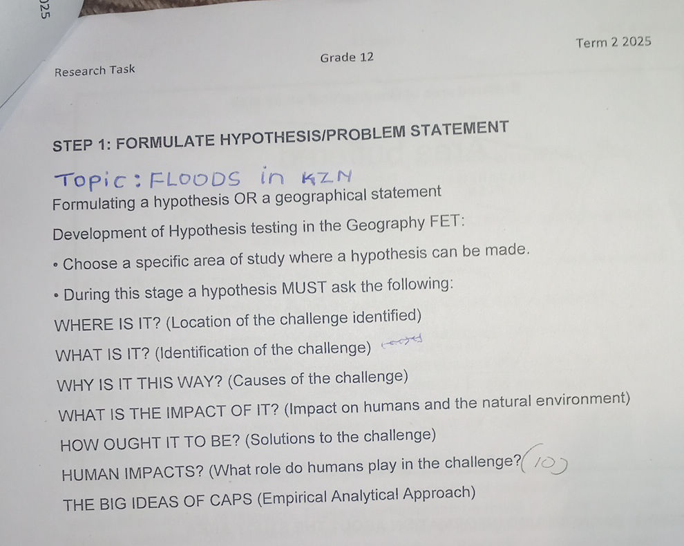 Topic: FLOODS in KZN Formulating a | StudyX