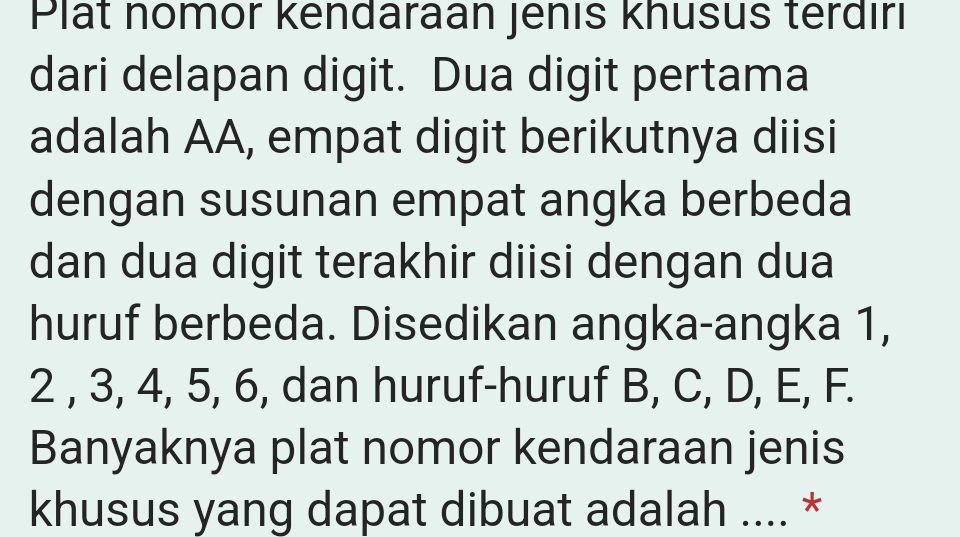 Plat nomor kendaraan jenis khusus terdiri | StudyX