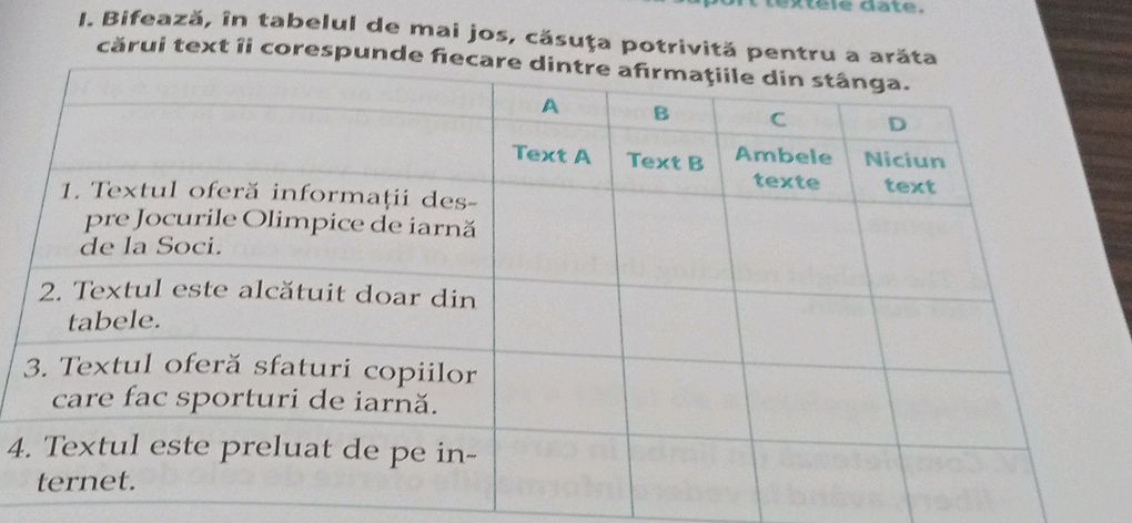 I. Bifează, în tabelul de mai jos, căsuța | StudyX