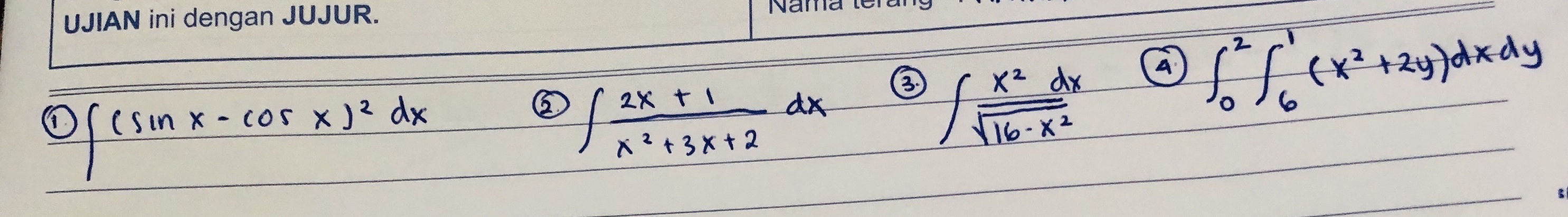 x - x)^2 dx$ 2. $ {2x+1}{x^2+3x+2} dx$