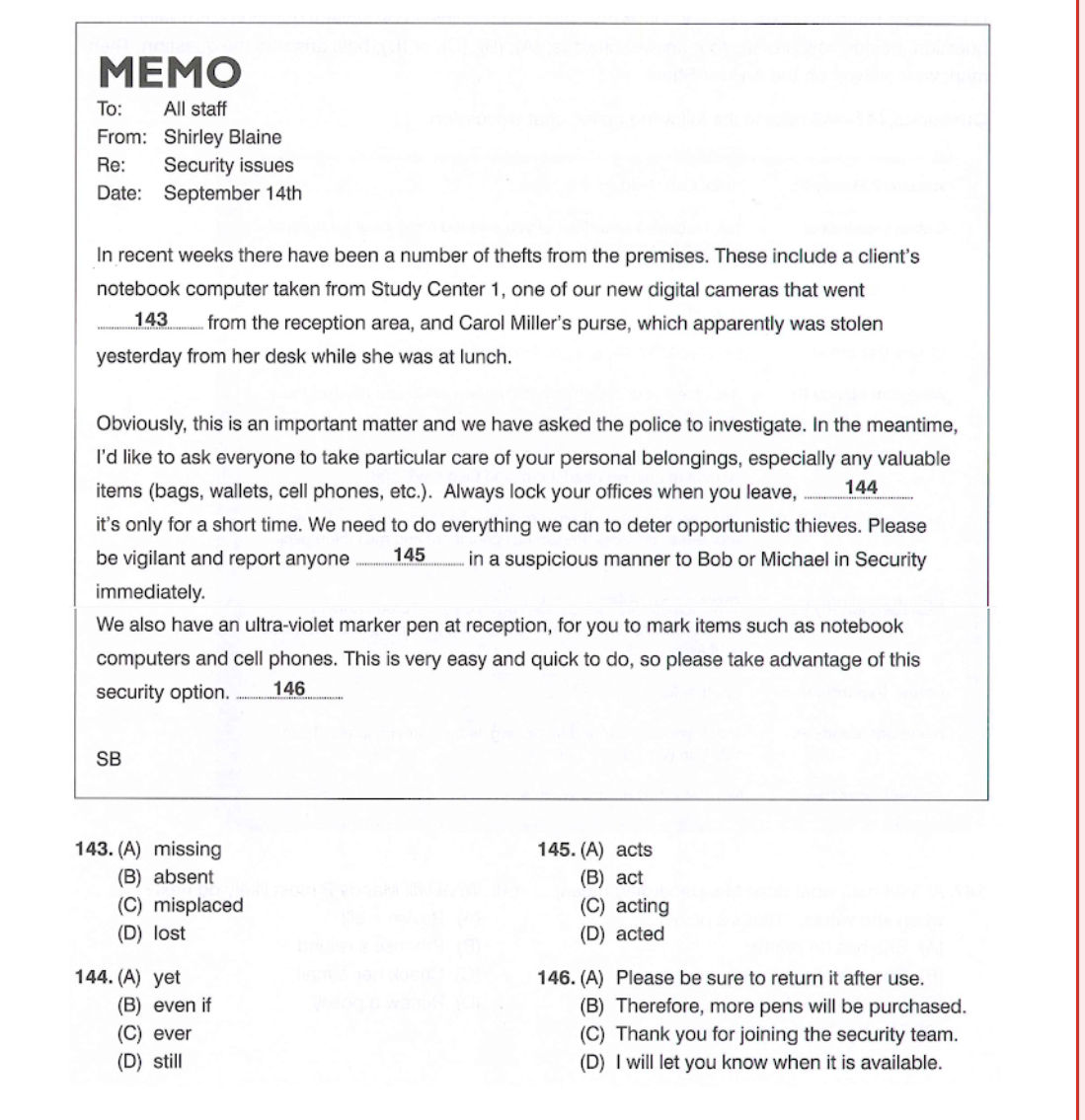 143. (A) missing (B) absent (C) misplaced | StudyX