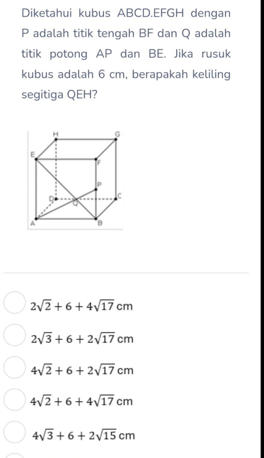 Diketahui kubus ABCD.EFGH dengan P adalah | StudyX