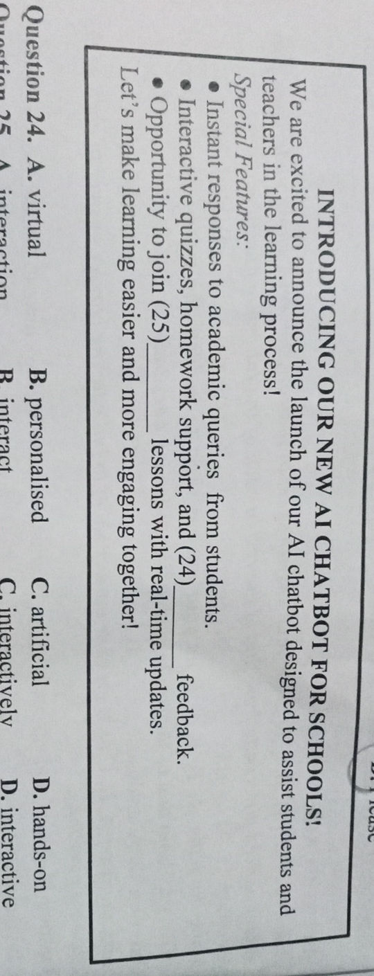 Question 24. A. virtual B. personalised C. | StudyX