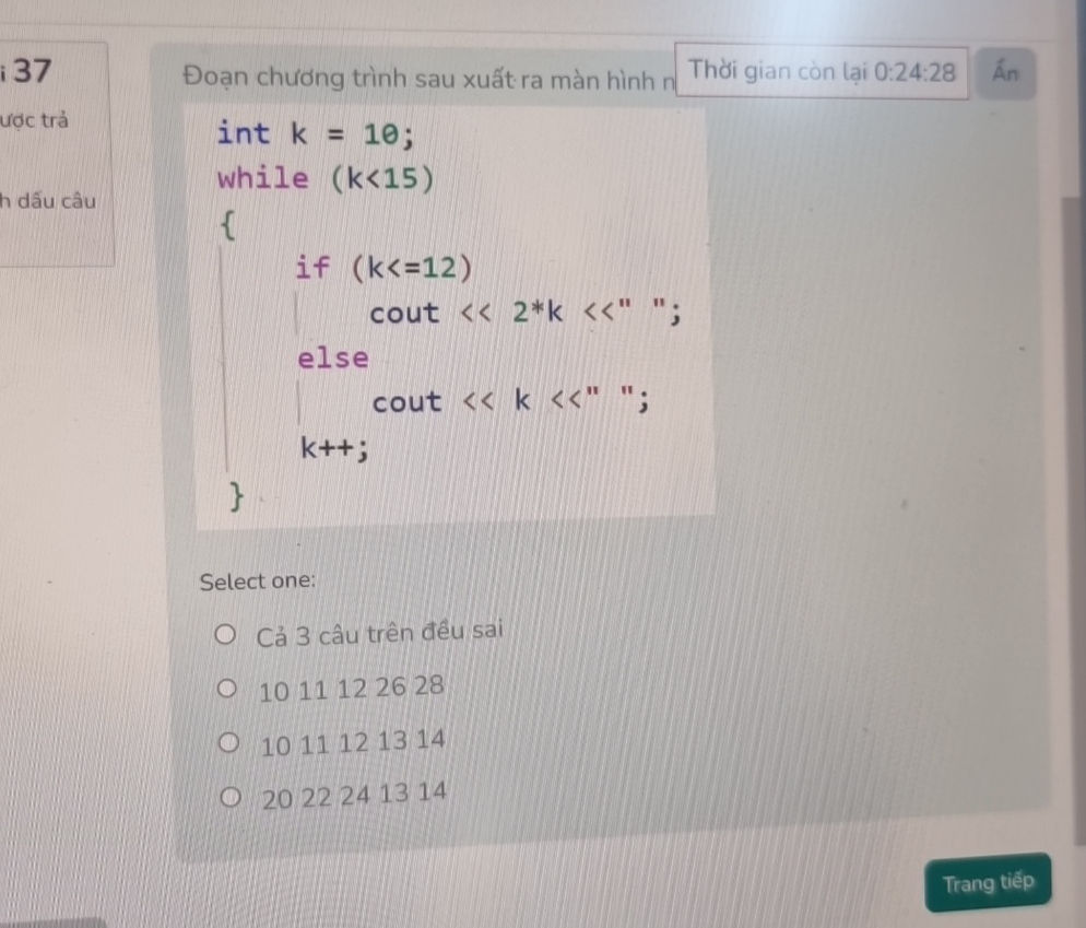 ```cpp int k = 10; while (k