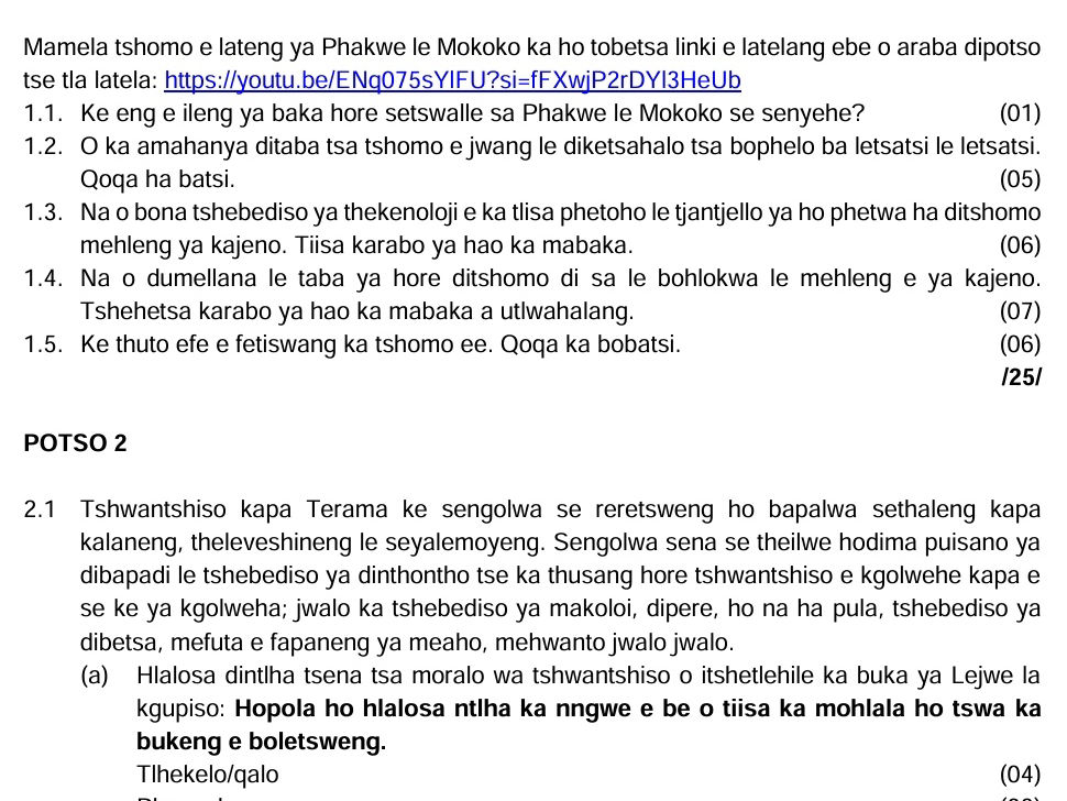 1.1. Ke eng e ileng ya baka hore setswalle | StudyX