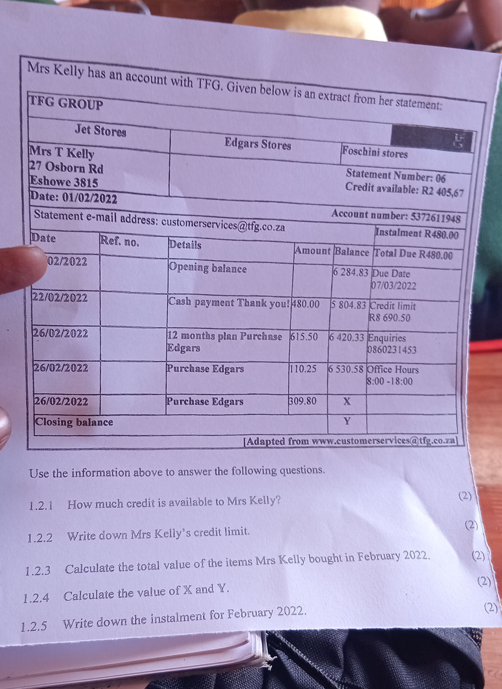 Mrs Kelly has an account with TFG. Given | StudyX