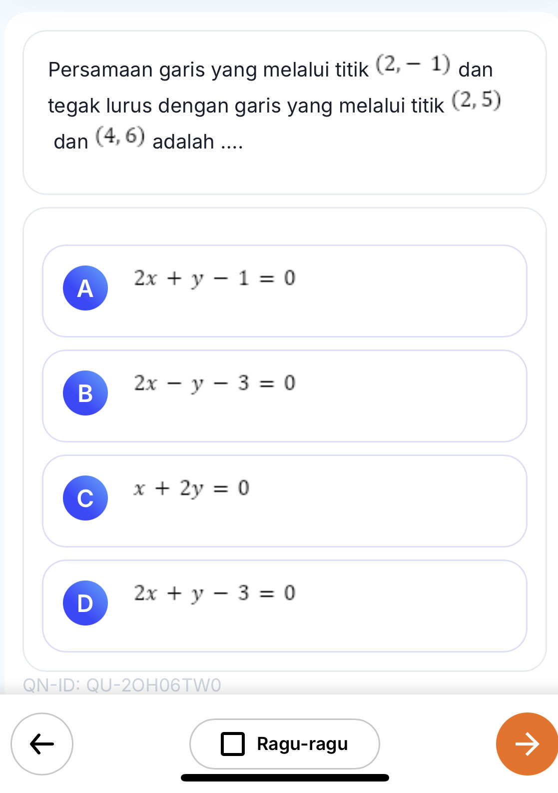 Persamaan garis yang melalui titik (2, -1) | StudyX