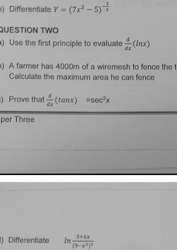 e) Differentiate $Y = (7x^2 - 5)^{- {2}{3}}$ | StudyX
