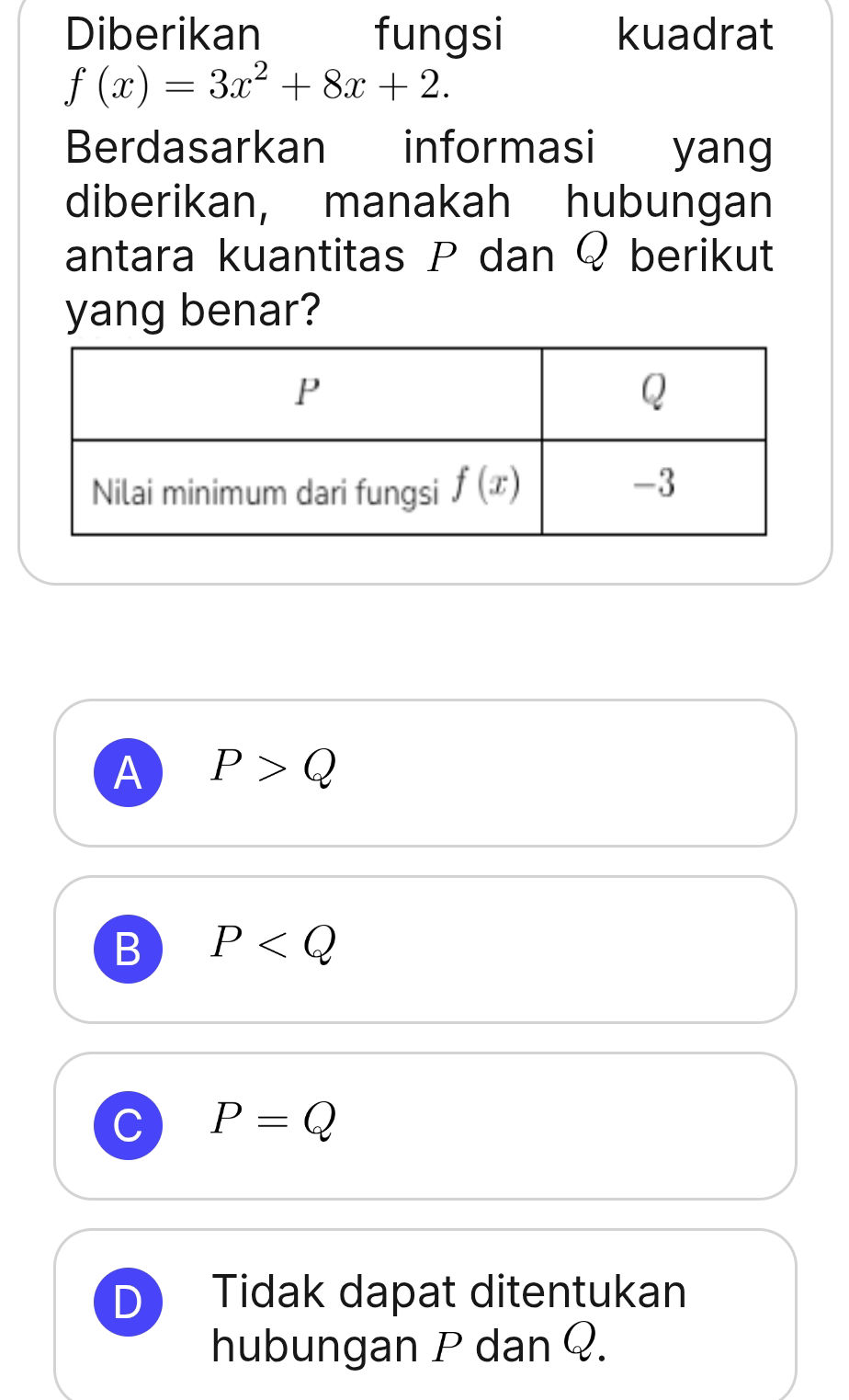 Diberikan fungsi kuadrat $f(x) = 3x^2 + 8x + | StudyX