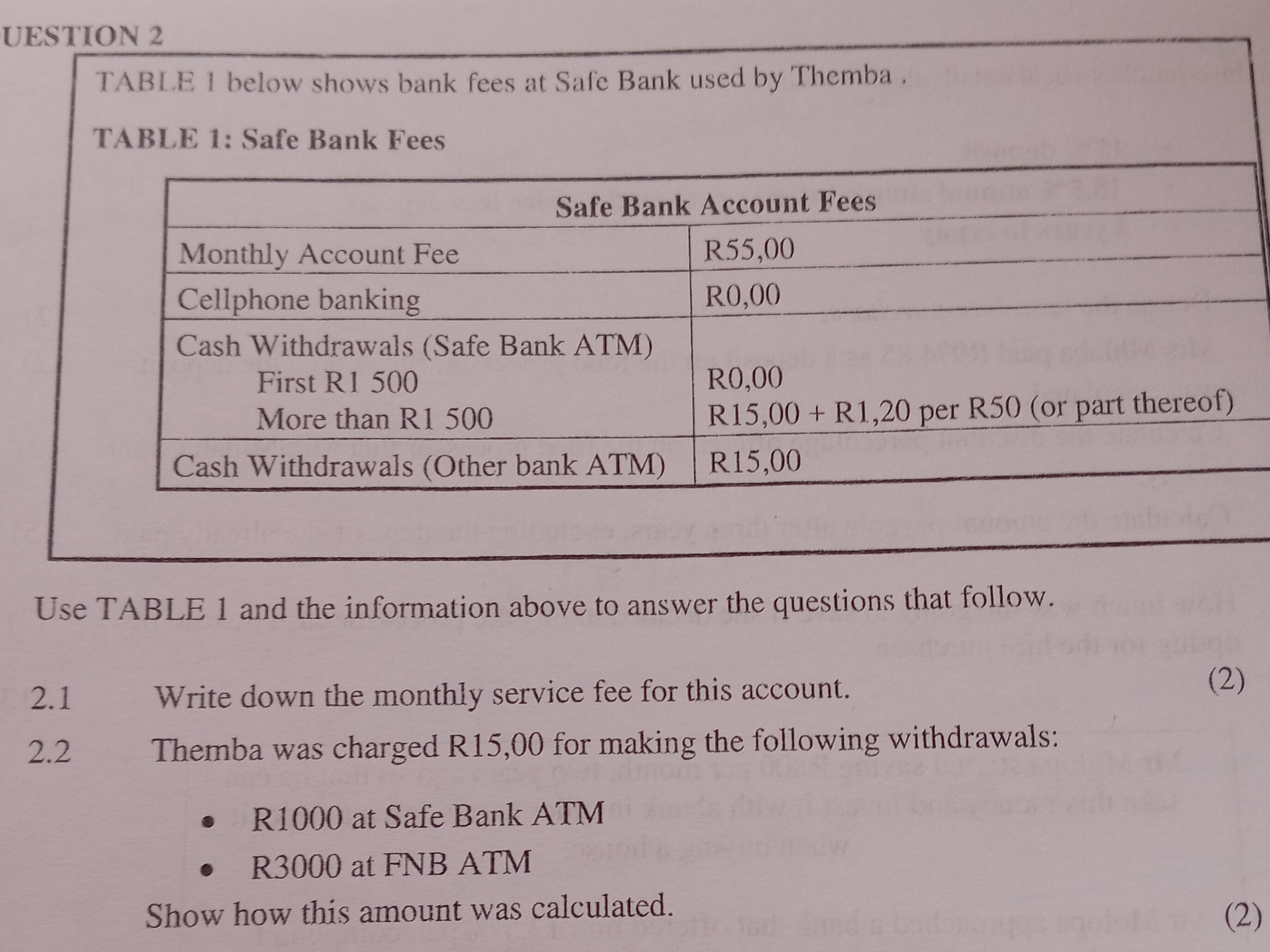 TABLE 1 below shows bank fees at Safe Bank | StudyX