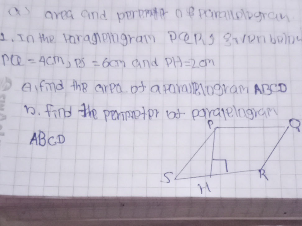 a) area and perimeter of parallelogram. 1. | StudyX
