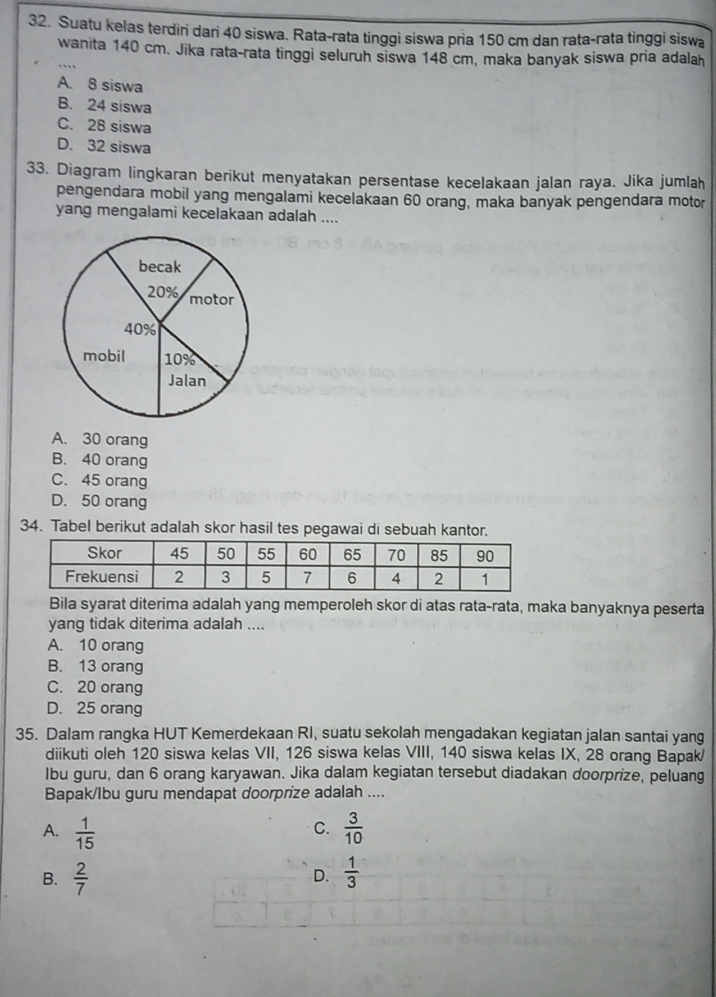 32. Suatu kelas terdiri dari 40 siswa. | StudyX