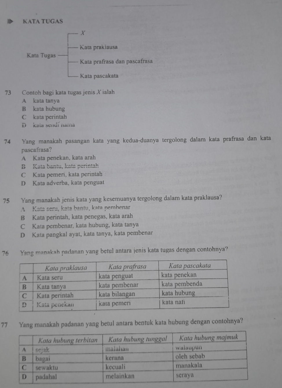 73 Contoh bagi kata tugas jenis X ialah A | StudyX