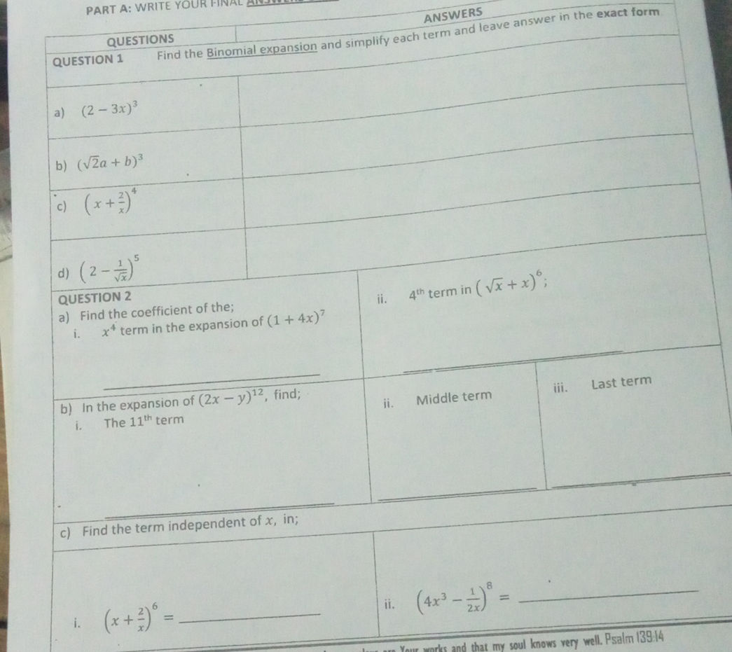 QUESTION 1 Find the Binomial expansion and | StudyX