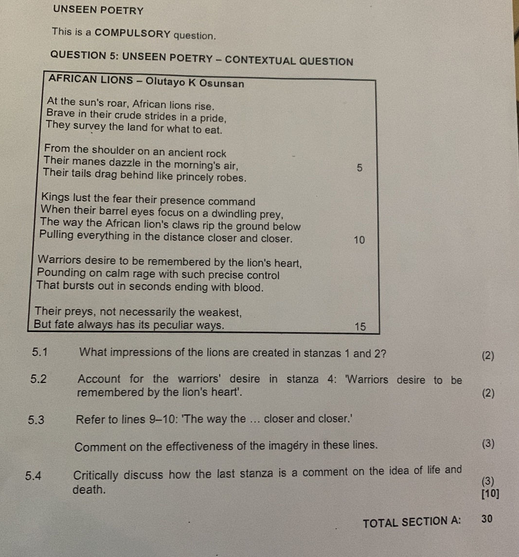 UNSEEN POETRY This is a COMPULSORY question. | StudyX