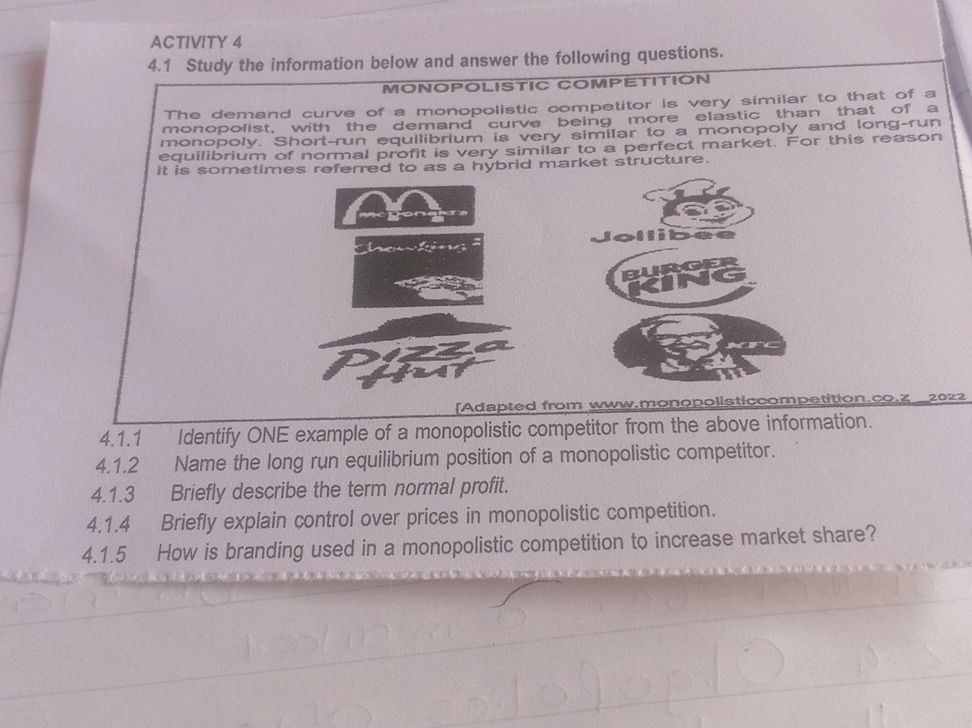 4.1.1 Identify ONE example of a monopolistic | StudyX