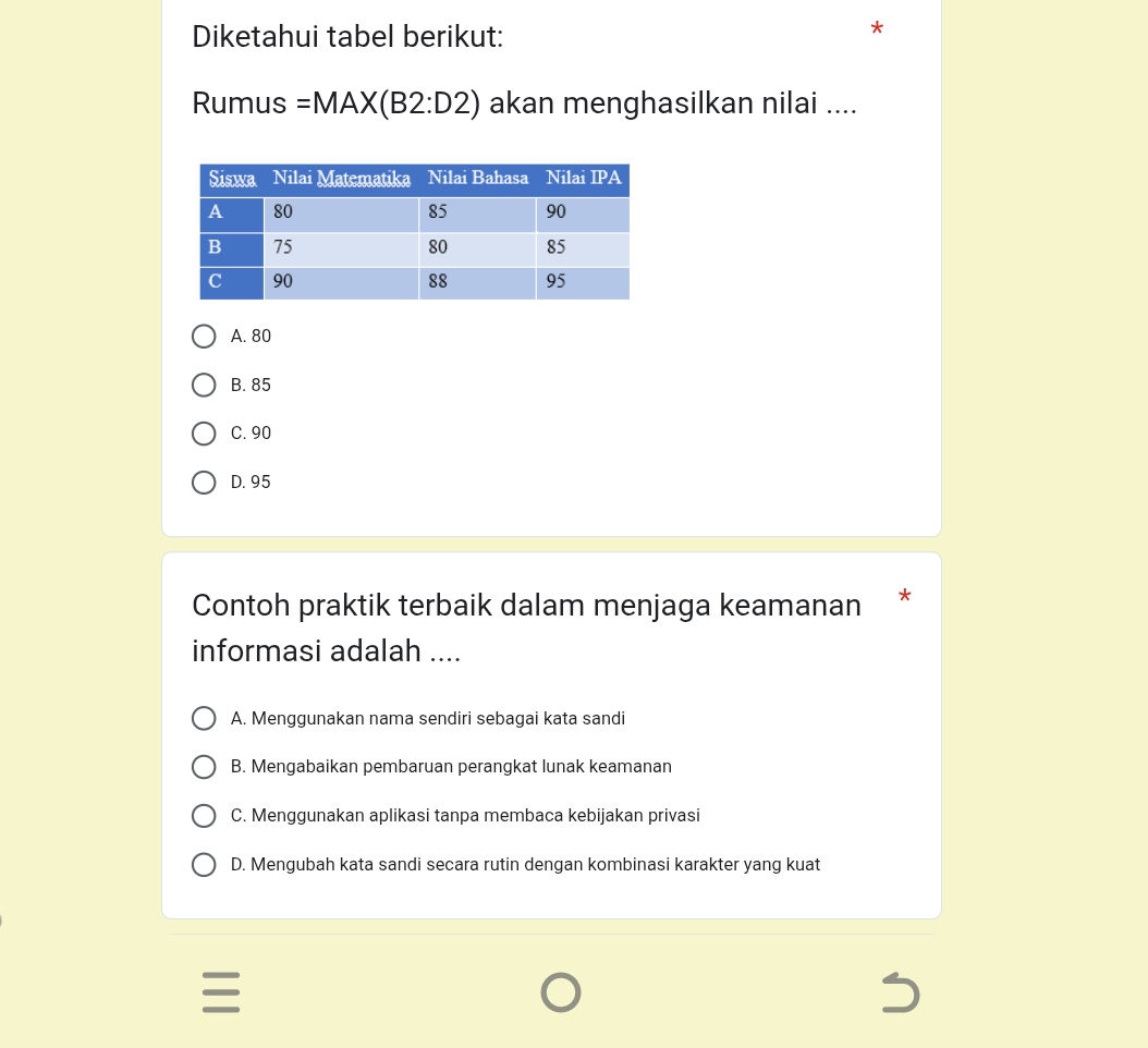 Diketahui tabel berikut: Rumus =MAX(B2:D2) | StudyX