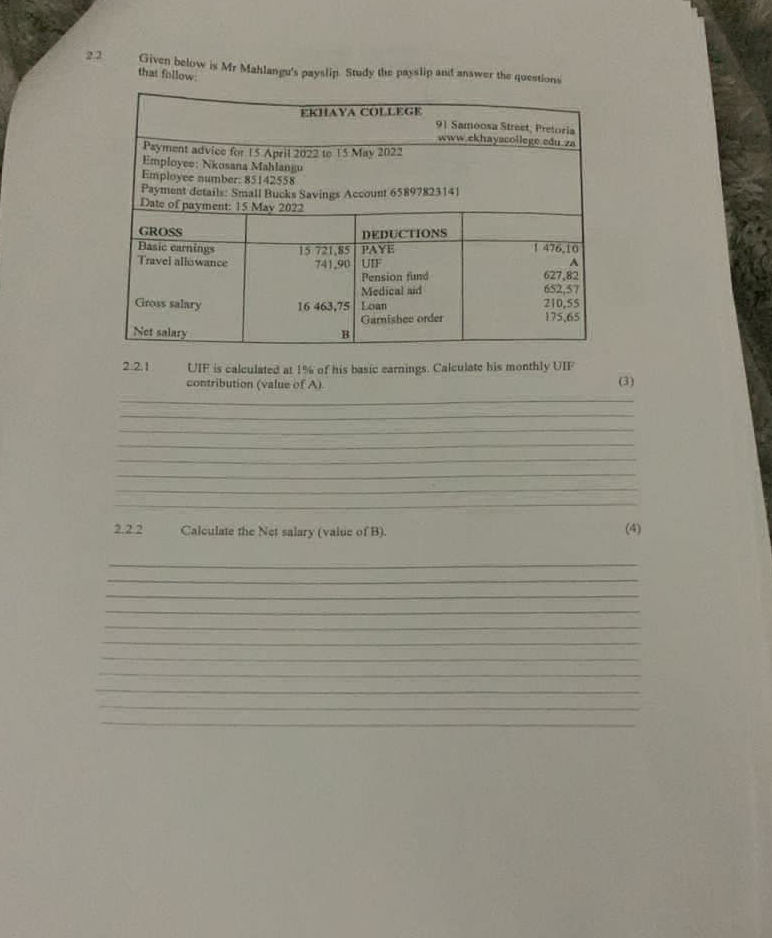 Given below is Mr Mahlangu's payslip. Study | StudyX