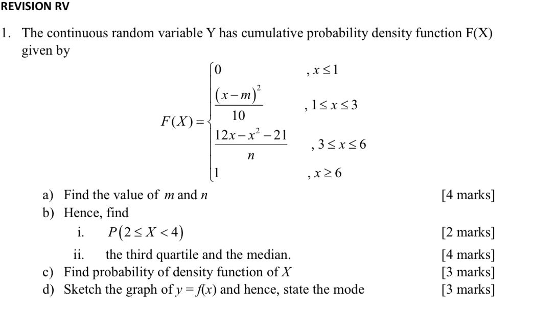 1. The continuous random variable Y has | StudyX