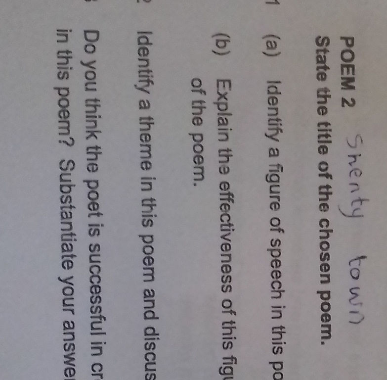 POEM 2 Shenty town State the title of the | StudyX