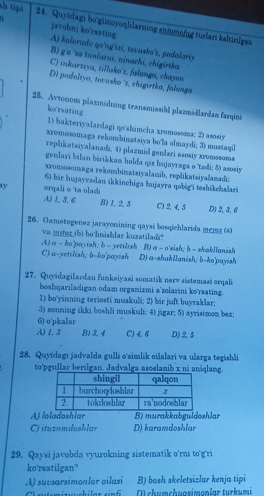 24. Quyidagi bo'g'imoyoqlilarning entomofag | StudyX