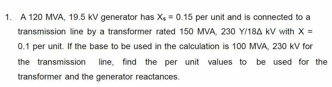 A 120 MVA, 19.5 kV generator has Xs = 0.15