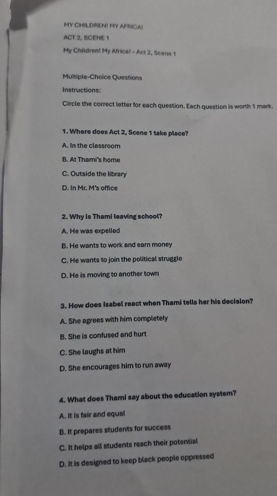 1. Where does Act 2, Scene 1 take place? A. | StudyX
