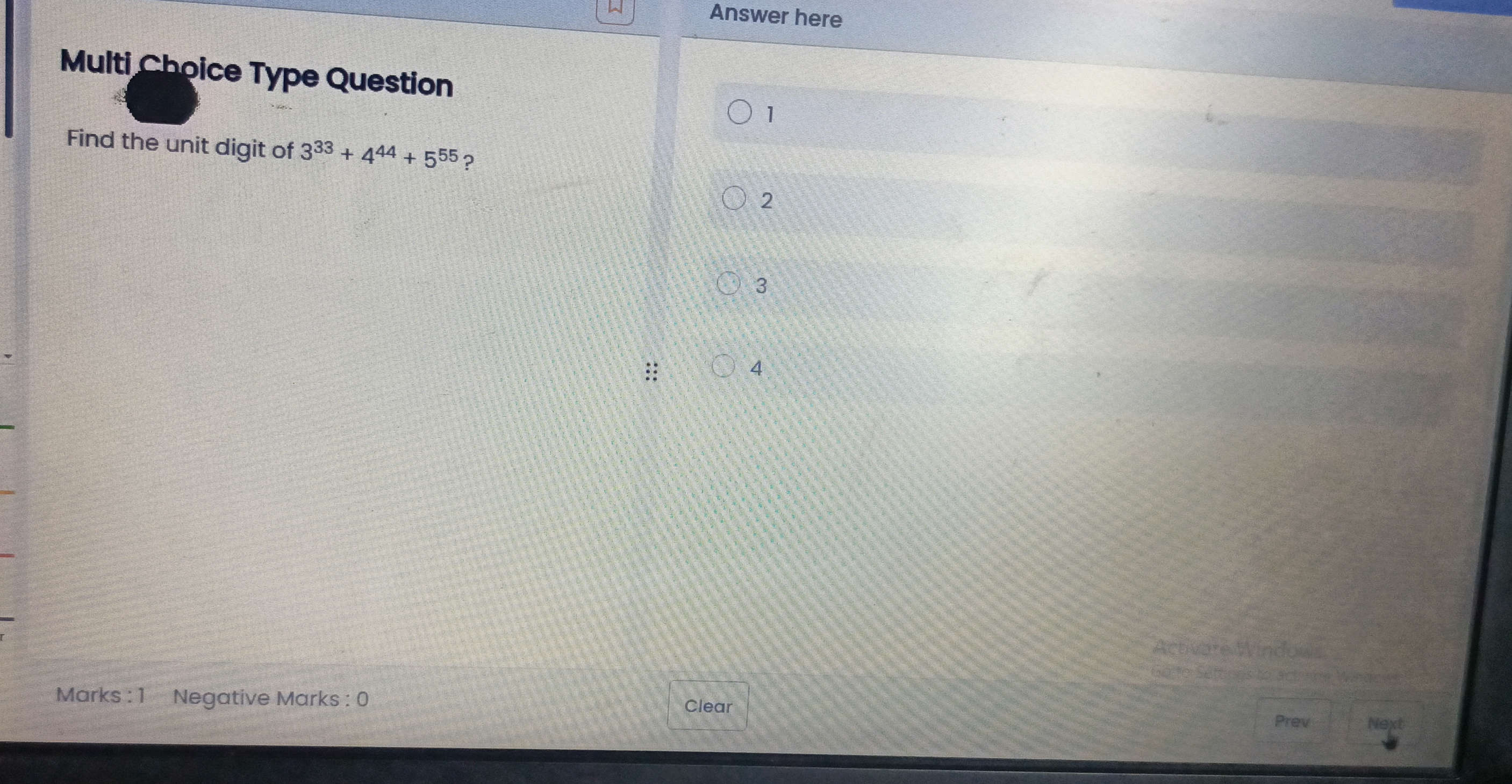 Find the unit digit of $3^{33} + 4^{44} + | StudyX