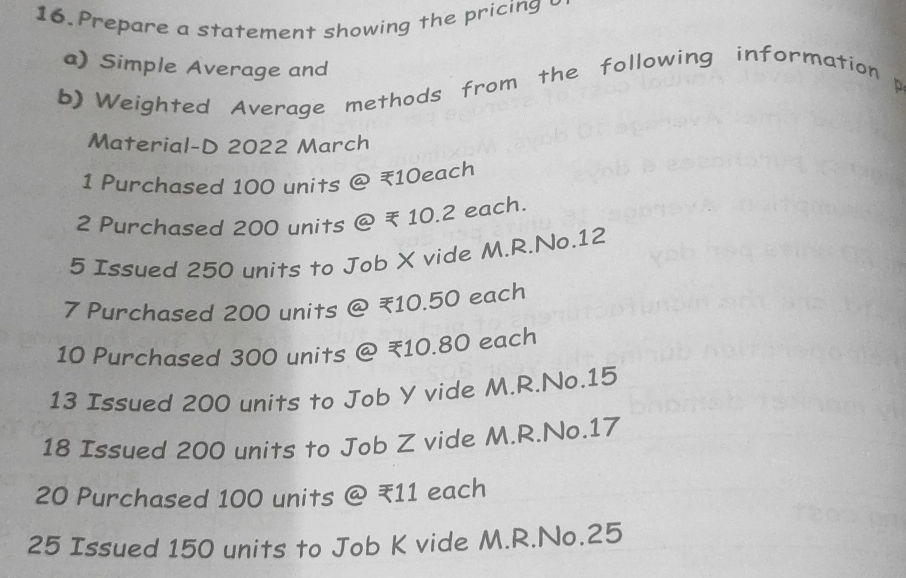 16. Prepare a statement showing the pricing | StudyX