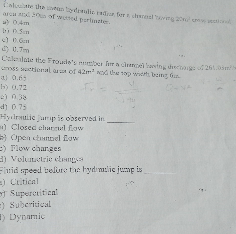 Calculate the mean hydraulic radius for a | StudyX
