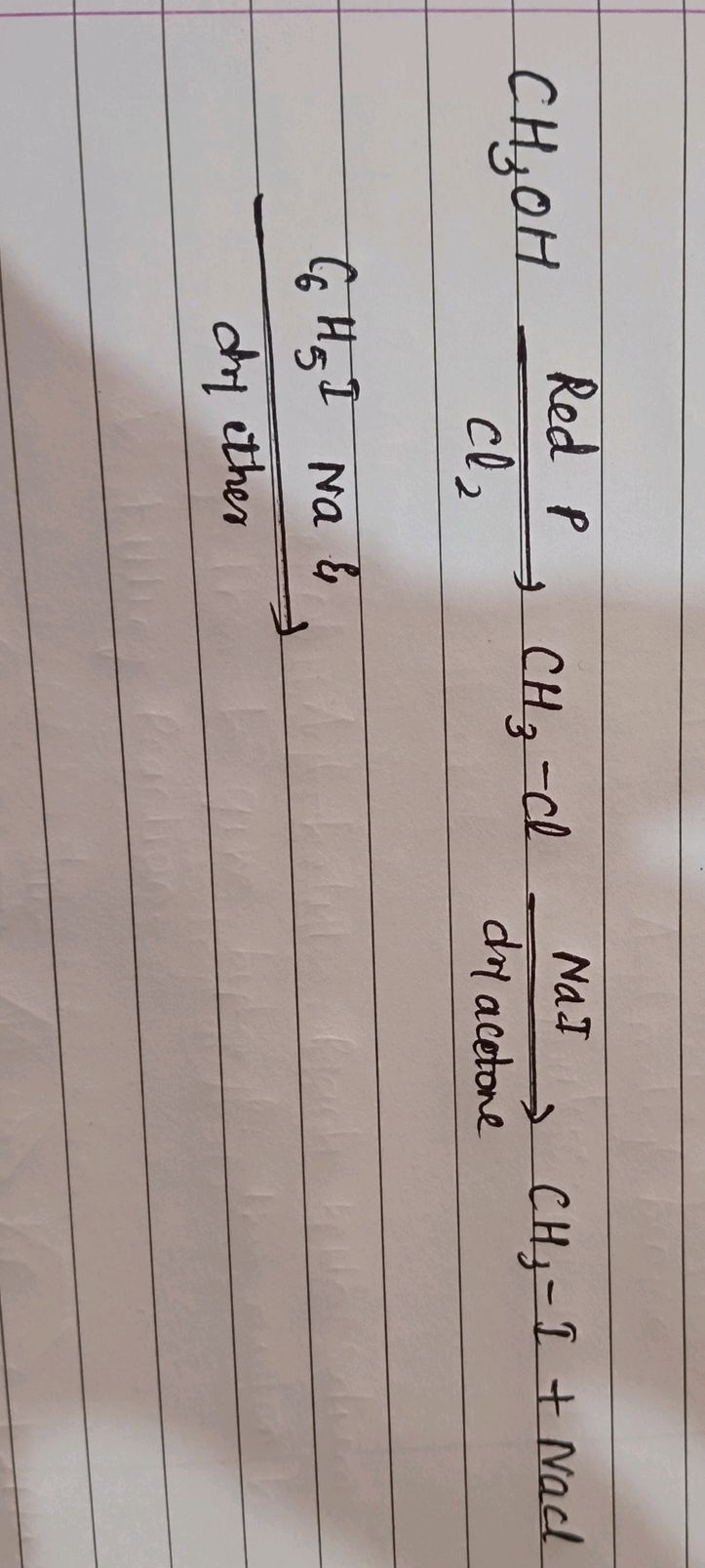 ${CH3OH} {Red P, Cl2} {CH3-Cl} {NaI, dry | StudyX