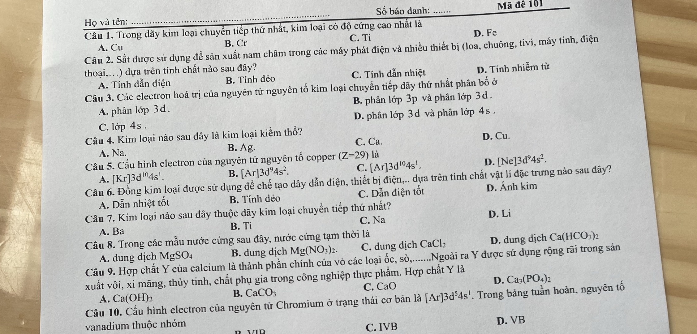 Câu 1. Trong dãy kim loại chuyển tiếp thứ | StudyX